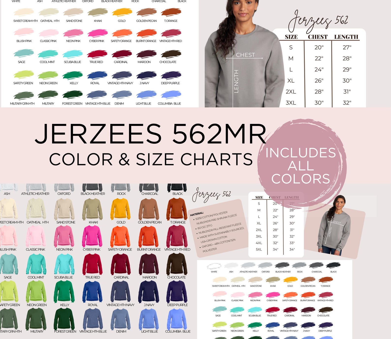 Jerzees 562MR Color Chart Size Chart Nublend Unisex Sweatshirt Fleece ...
