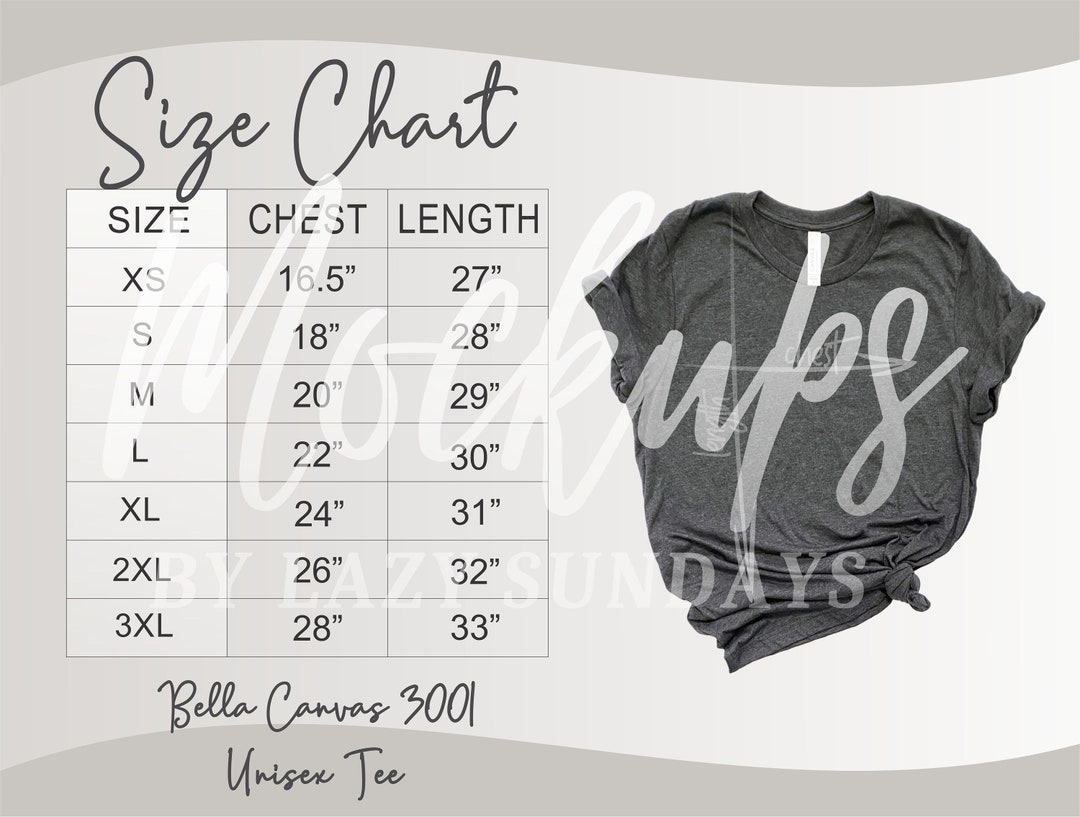 Bella Canvas 3001 Size Chart Size Chart Bella T-shirt Size - Etsy