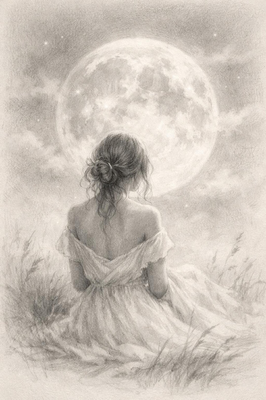 Moonlit Solitude Woman Pencil Drawing – Quiet Night Wall Decor - Etsy