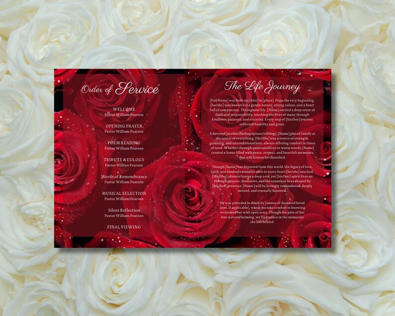 Red Roses Funeral Program Template: 8-page Memorial (canva, Digital ...
