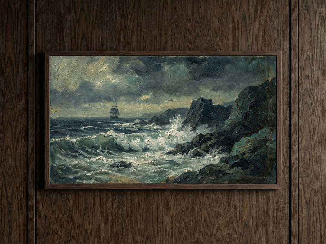 Stormy Seascape Oil Painting Frame TV Art, Vintage Tall Ship Art, Dark ...