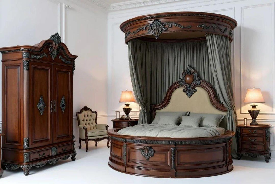 Hand Carved Round Canopy Bed | Solid Wood King, Velvet Headboard - Etsy