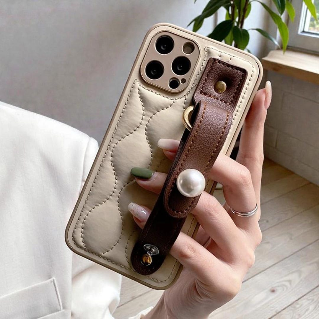 Fashion Leather Pearl Wrist Strap iPhone 11 12 13 14 15 16 17 Case ...