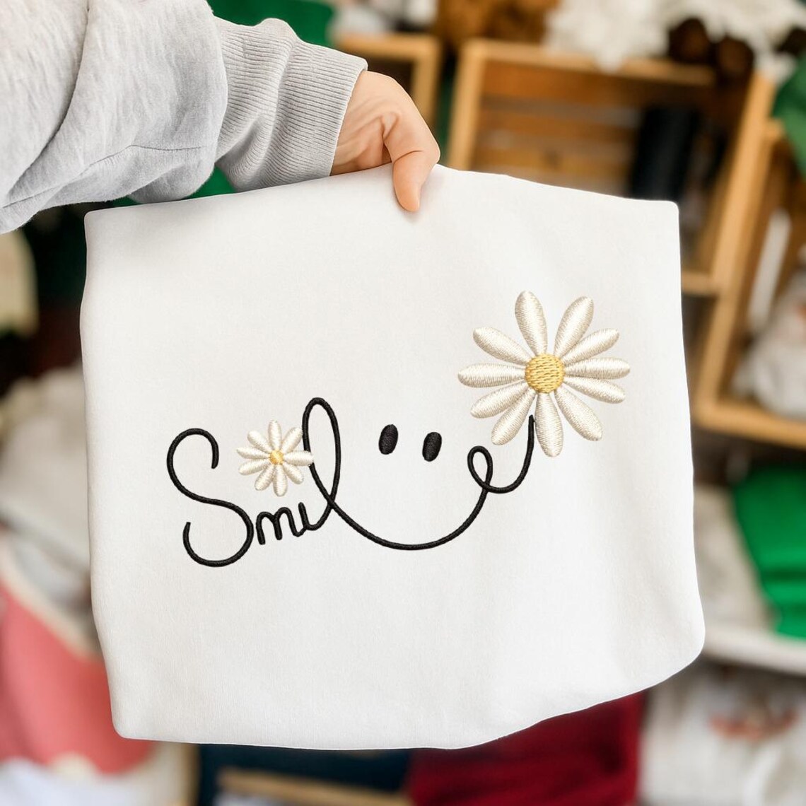 Smile Daisy White, Cute Flower Smile Face Embroidery Design, Instant ...