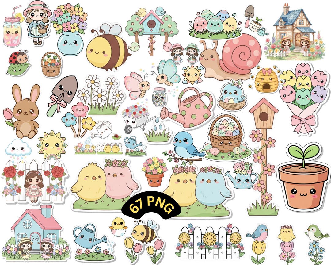 Kawaii Spring Clipart Bundle PNG Easter Clipart Set Bunny Chick Flowers ...
