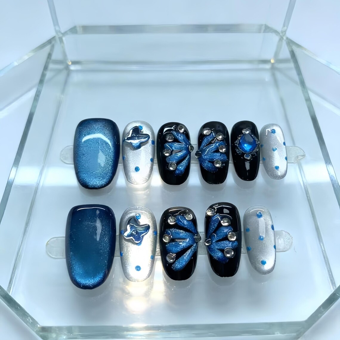 Midnight Blue Crystal Butterfly Nail Art • 3D Hand-carved Blue Crystal ...