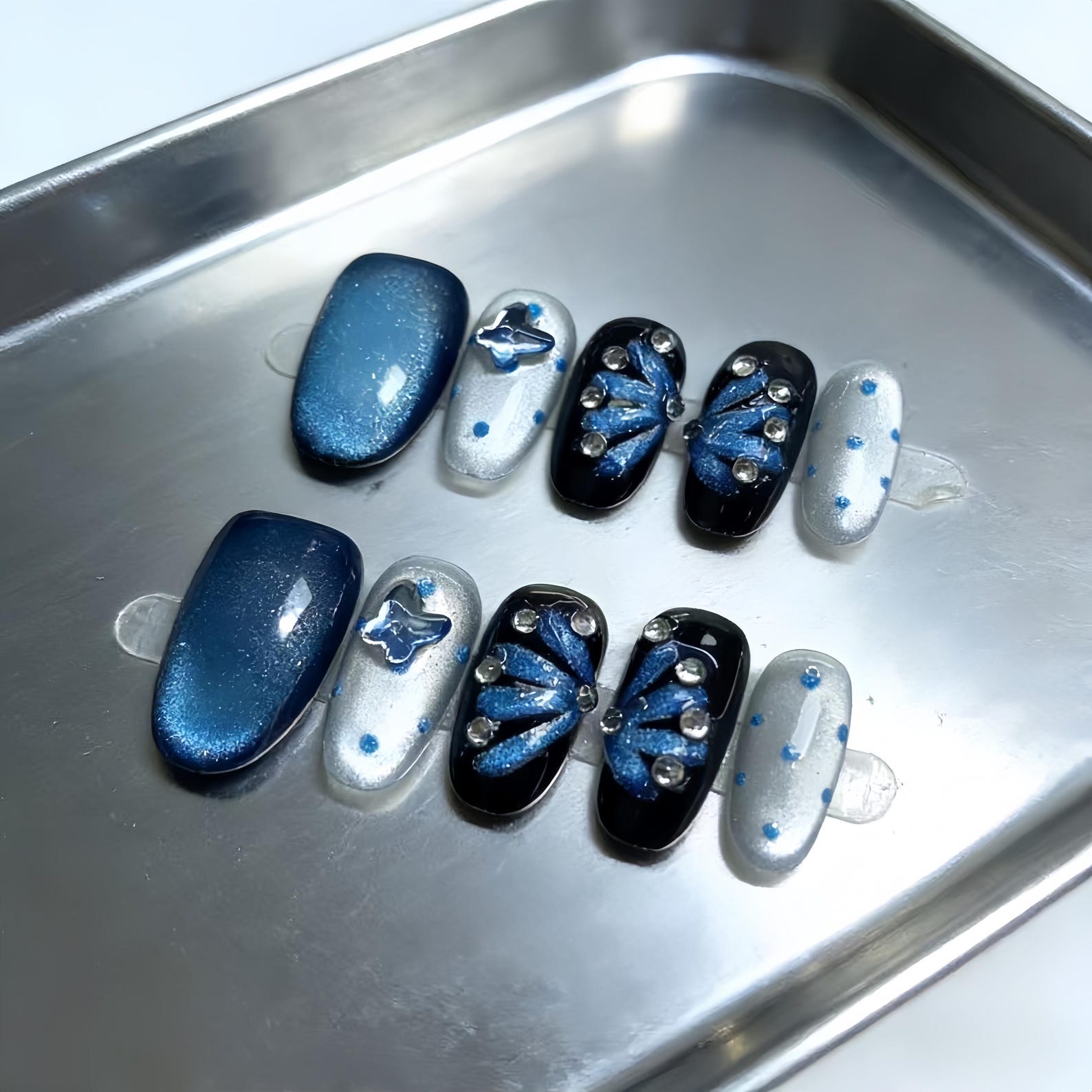 Midnight Blue Crystal Butterfly Nail Art • 3D Hand-carved Blue Crystal ...