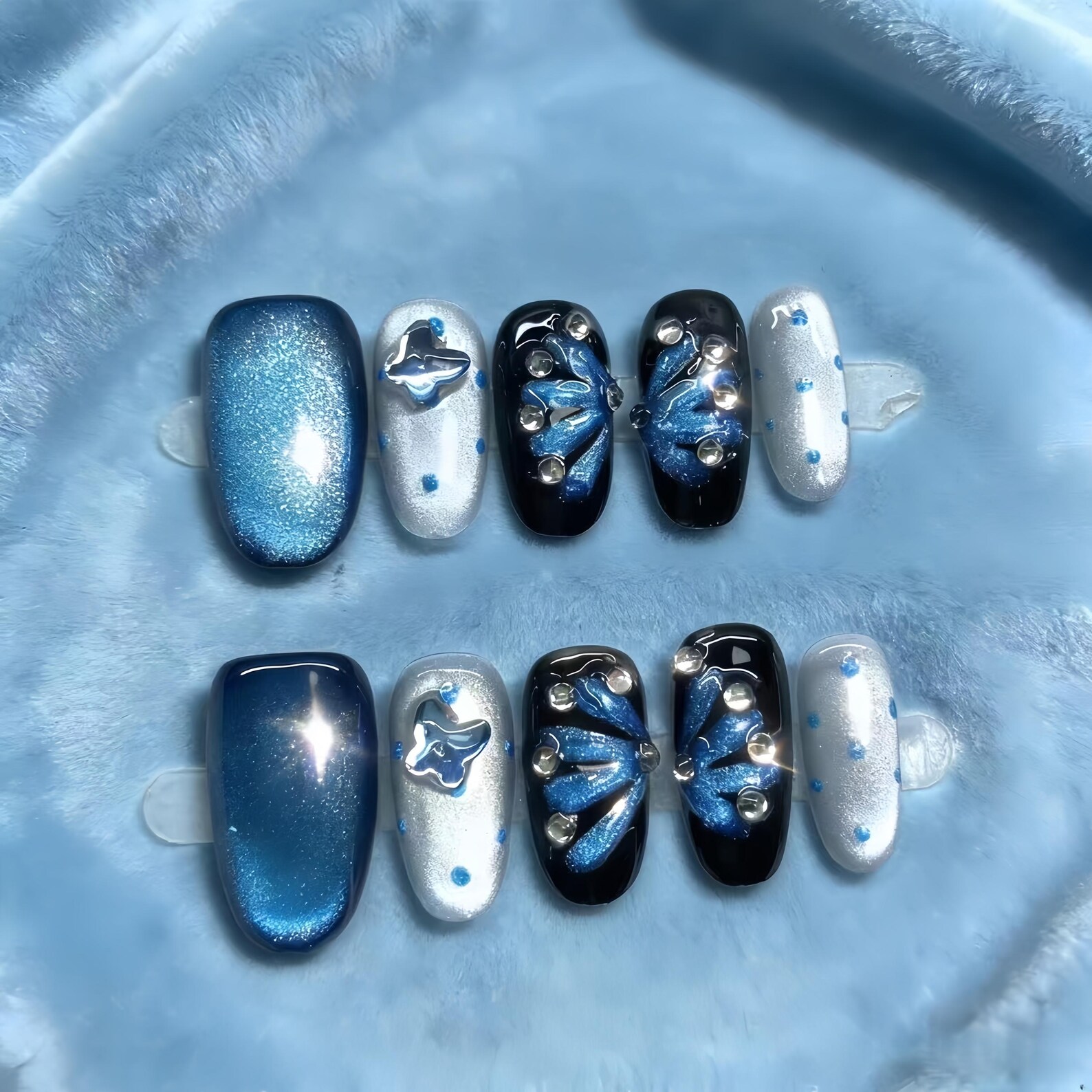 Midnight Blue Crystal Butterfly Nail Art • 3D Hand-carved Blue Crystal ...