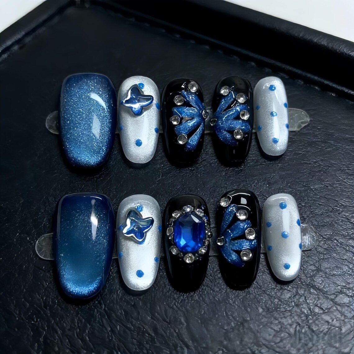 Midnight Blue Crystal Butterfly Nail Art • 3D Hand-carved Blue Crystal ...