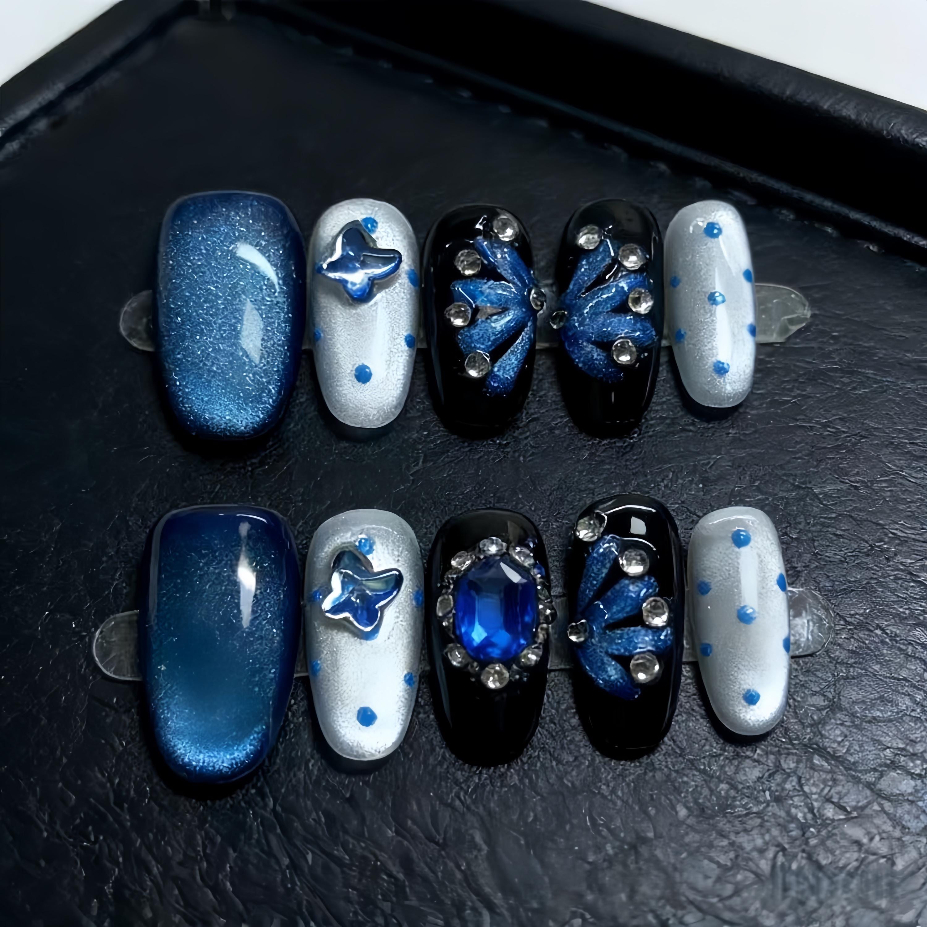 Midnight Blue Crystal Butterfly Nail Art • 3D Hand-carved Blue Crystal ...