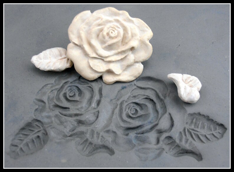 Bisque Clay Stamps, Rose Flower and Leaves for Stamping on Stoneware ...
