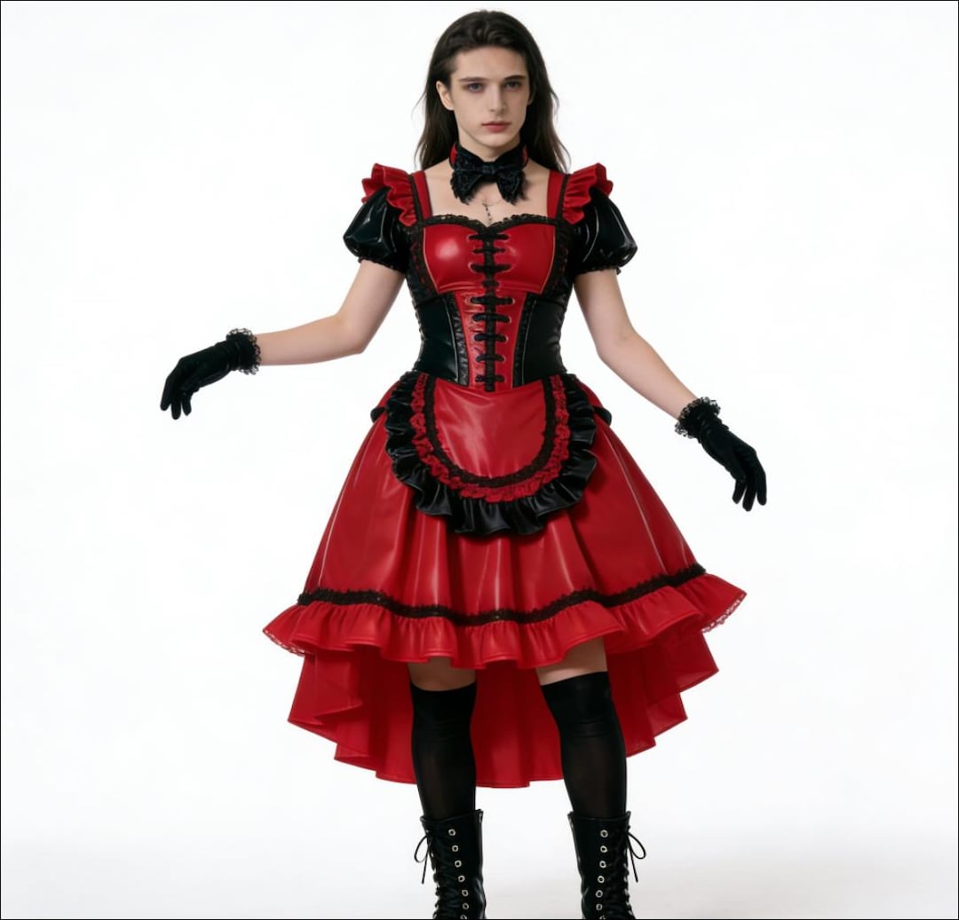Gothic Red Black Maid Dress Halloween Cosplay Leather Prom Dress Long ...
