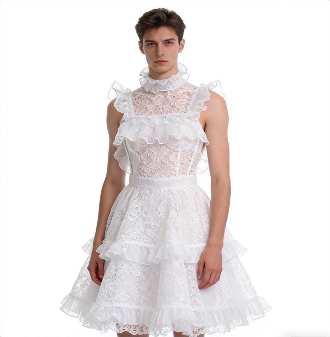 Androgynous White Lace Ruffled Gothic Dress - Sheer Victorian Tiered ...