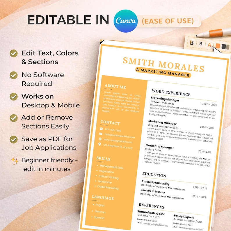 Editable Canva CV Resume 2026 | ATS Friendly Resume Template | Cover ...