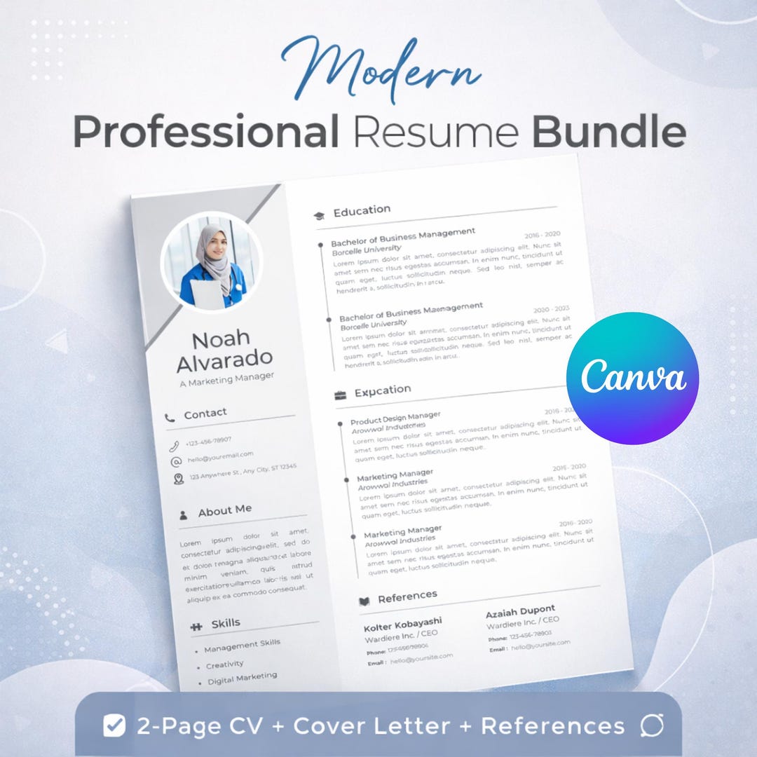 Modern Professional Resume Bundle | 2-page CV, Matching Cover Letter ...