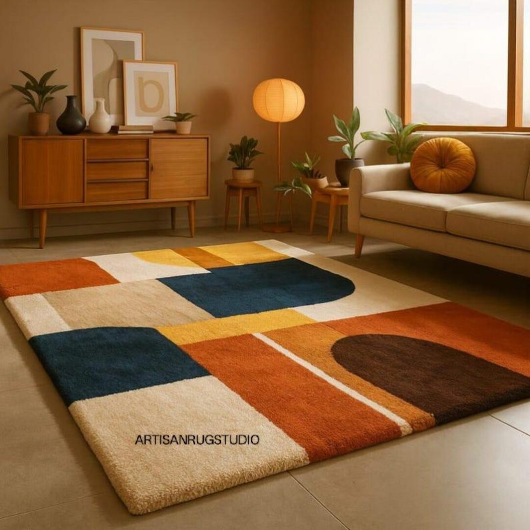 Mid Century Modern Abstract Rug – Handmade Geometric Wool Area Rug ...