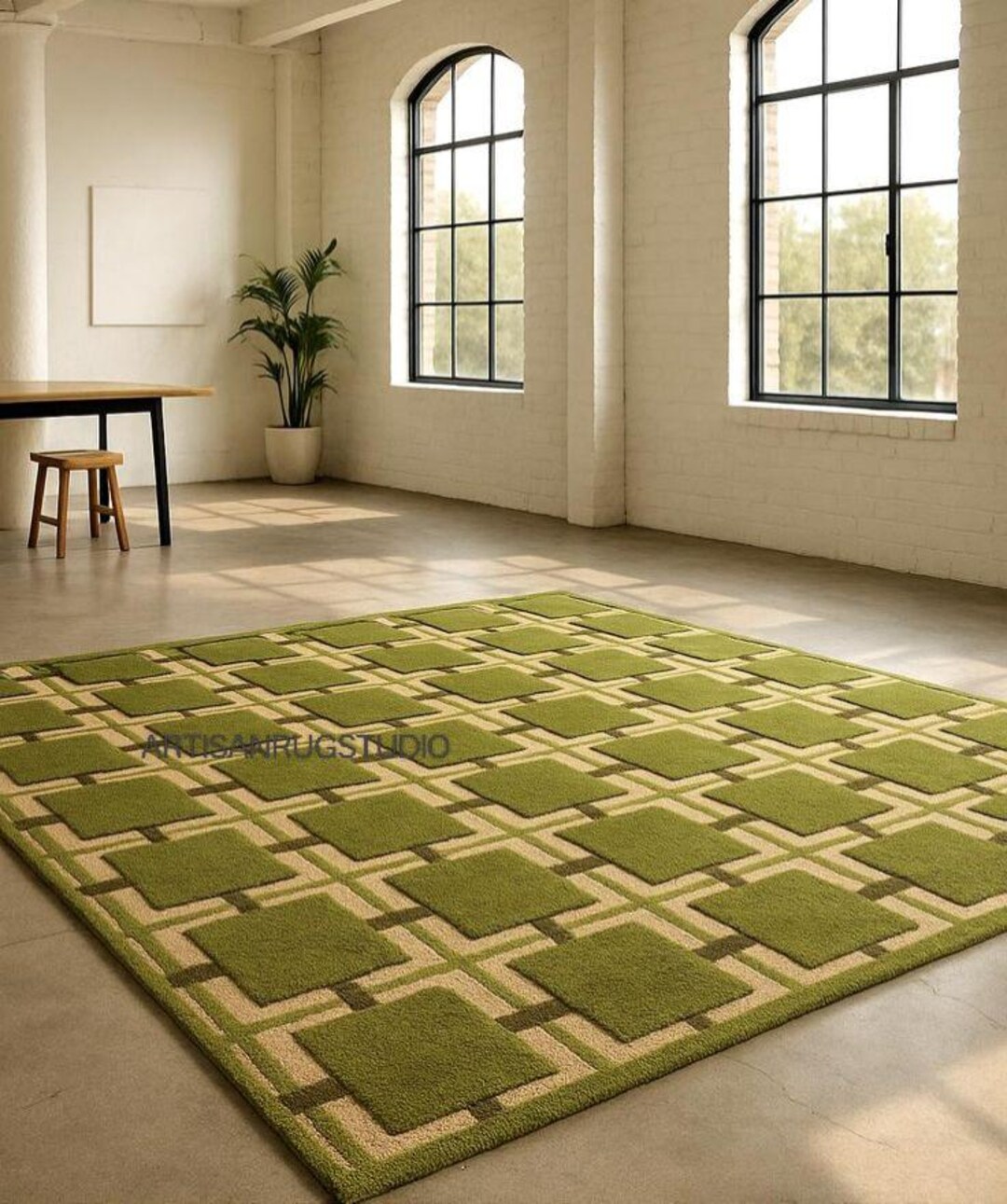 Olive Green Geometric Rug | Handmade Tufted Area Rug | Modern ...