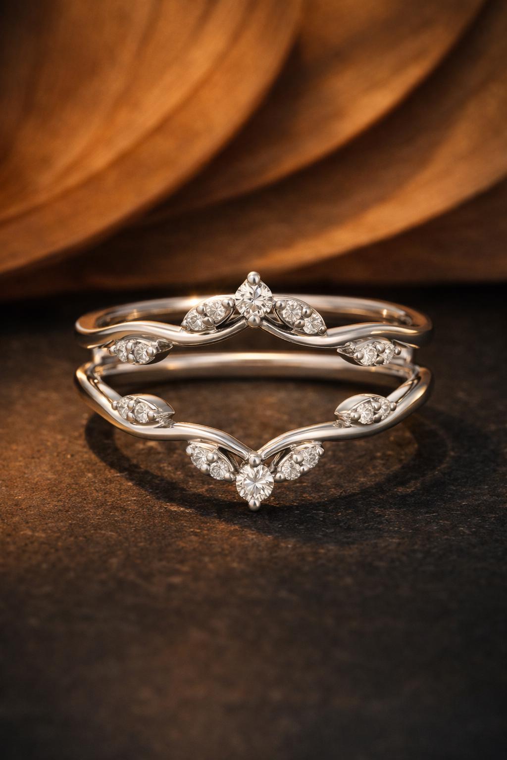 Curved Moissanite Wedding Double, Tiara Chevron Stacking Ring, Dainty ...