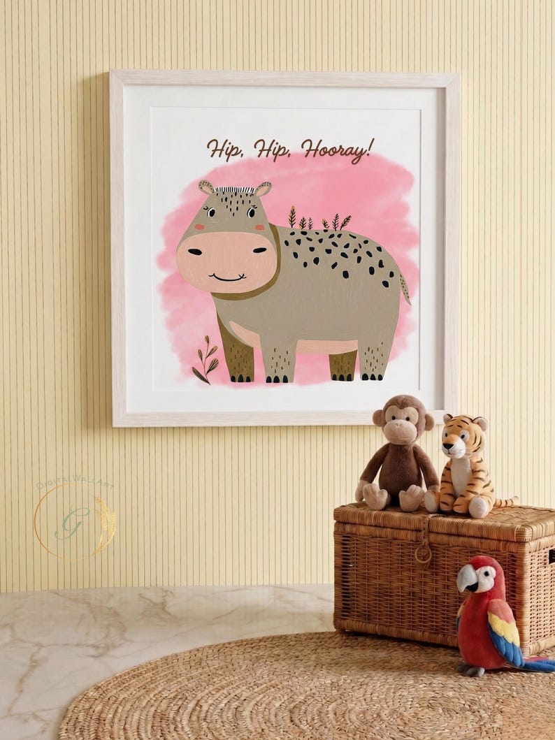 Hippo Nursery Art, Safari Animal Print, Boho Jungle Kids Decor (digital ...