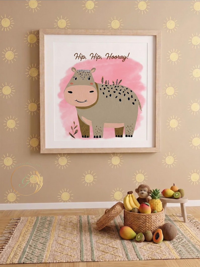 Hippo Nursery Art, Safari Animal Print, Boho Jungle Kids Decor (digital ...