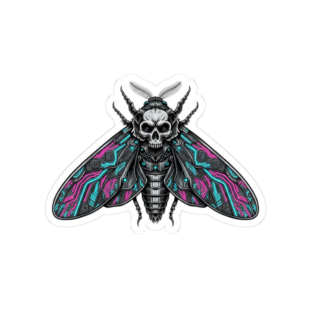 Skull Moth Kiss-cut Sticker | Gothic Insect Decal, Neon Wing Art - Etsy