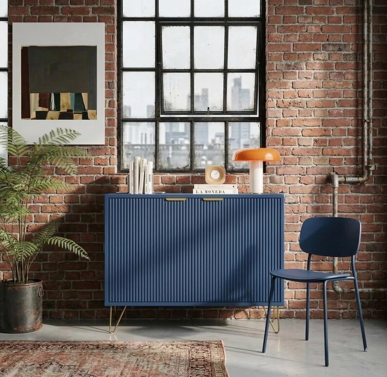 Modern Blue Sideboard Cabinet With Gold Legs – Minimalist Textured ...