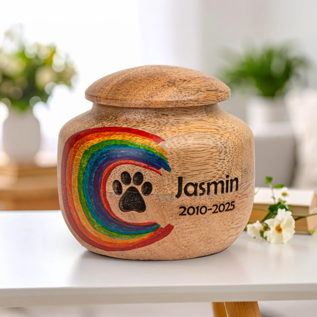 Rainbow Bridge Pet Urn With Paw Print | Personalized Wooden Urn for Dog ...