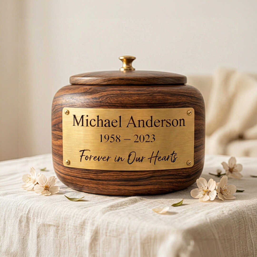 Personalized Wooden Urn, Custom Engraved Gold Plaque Memorial Box ...