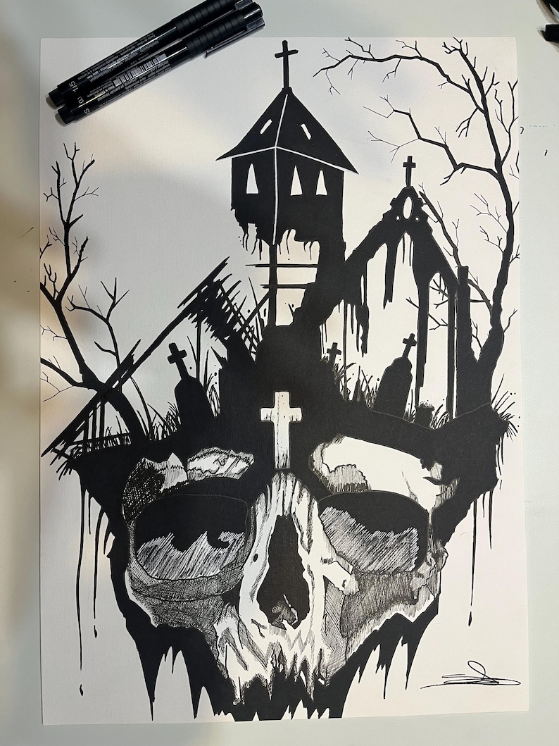 Horror Drawing - Skull + Cemetery - Etsy UK