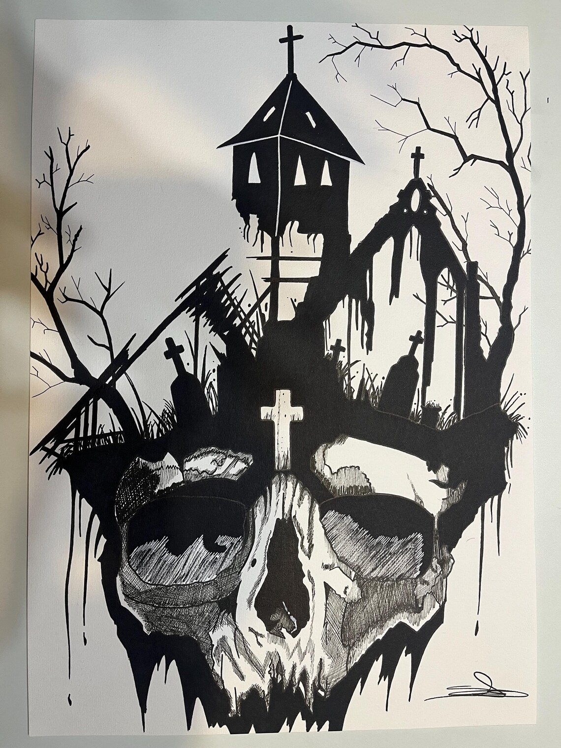 Horror Drawing - Skull + Cemetery - Etsy