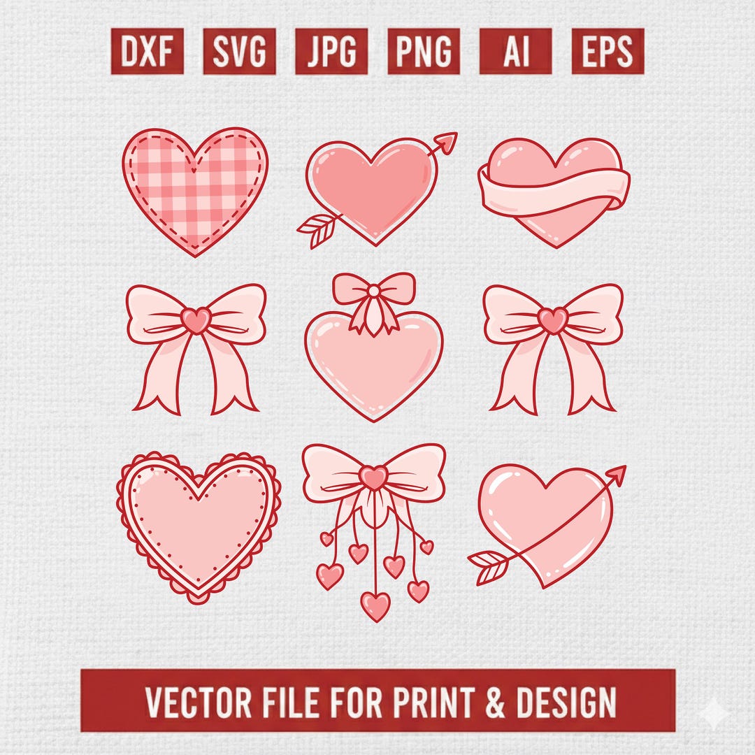 Valentine Heart Svg Bow Heart Clipart Love Icon Bundle Cute Romantic ...