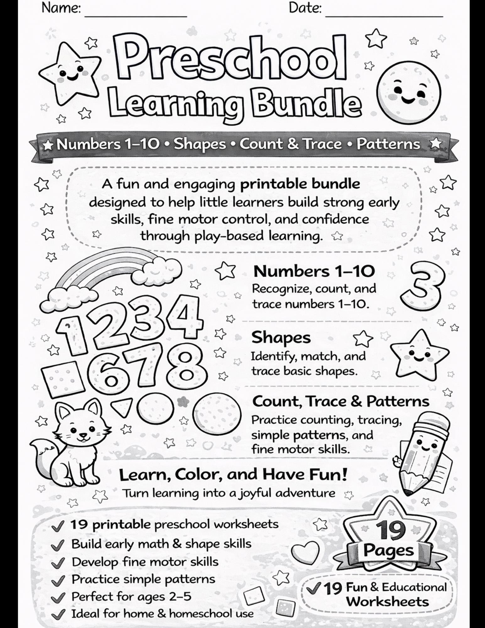 Preschool Learning Bundle | Numbers, Shapes, Patterns (PDF Download) - Etsy