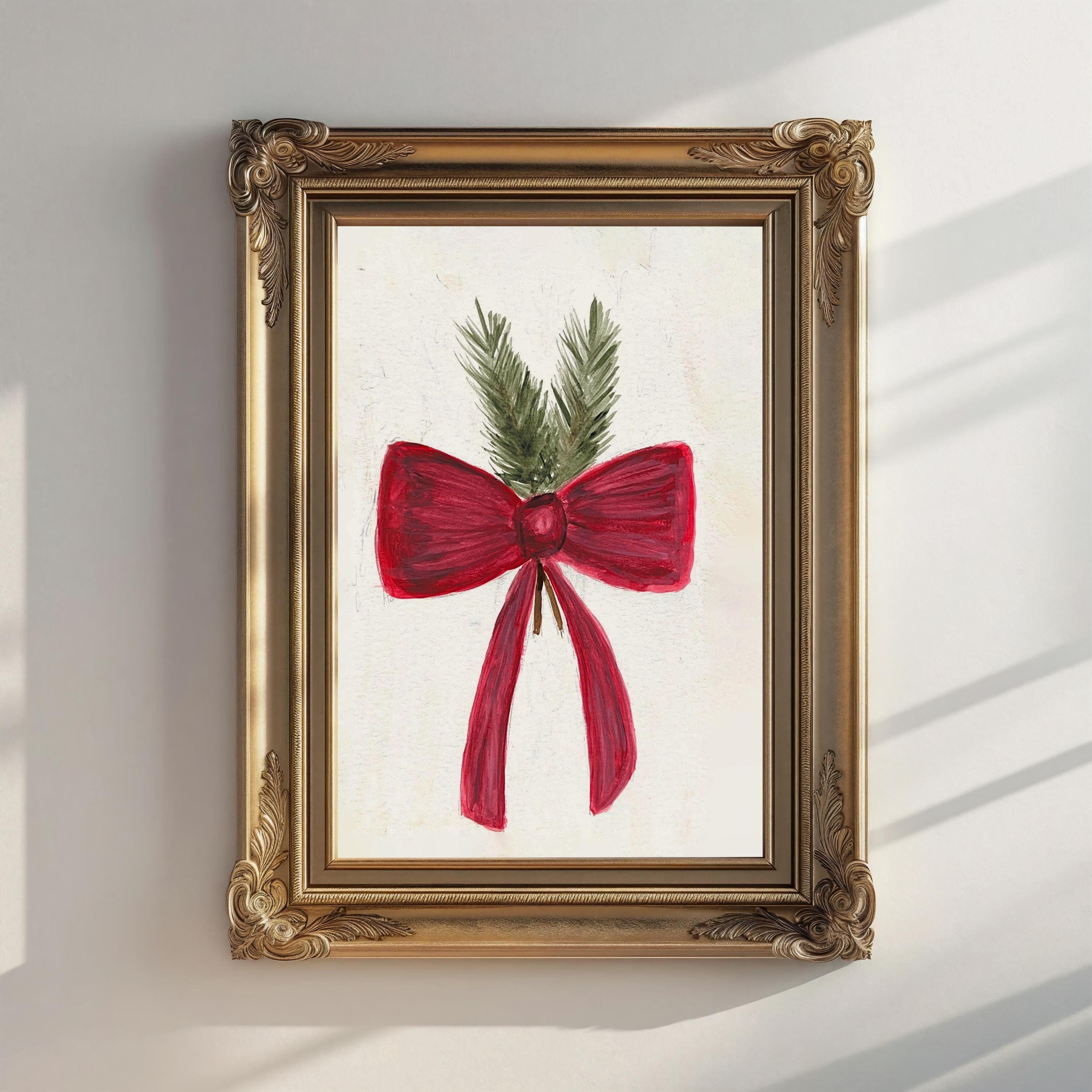 Christmas Red Bow Hand Painted Print Watercolor Spruce | an Original ...