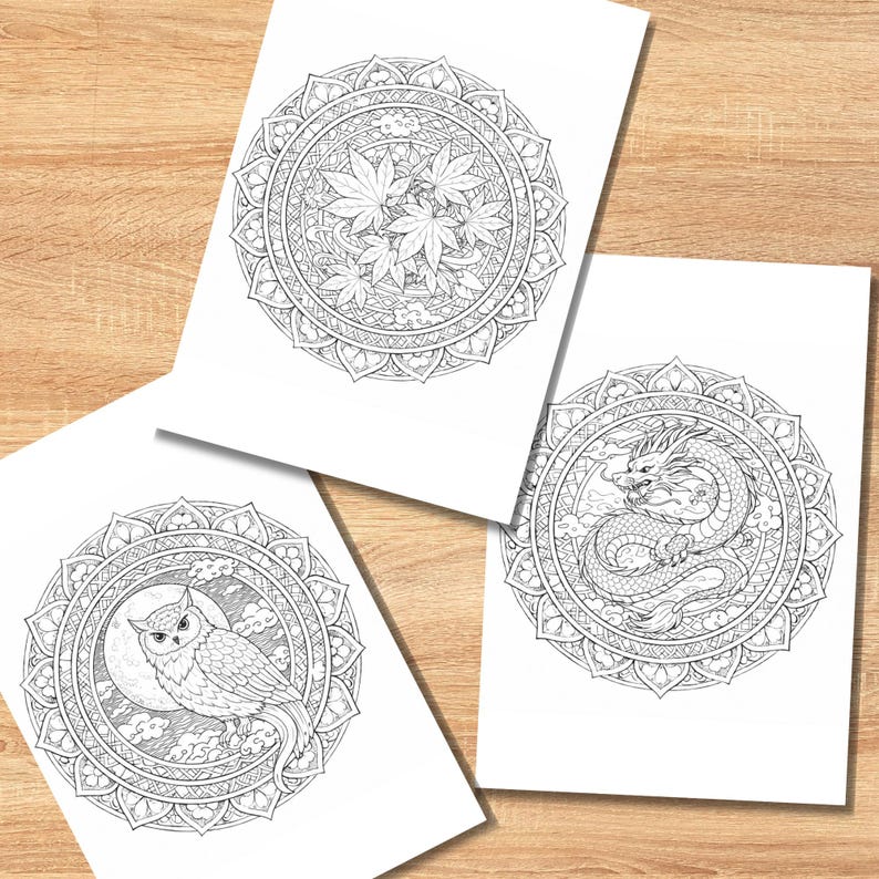 30 Japanese Mandala Coloring Pages Bundle, Animals Nature Insects ...