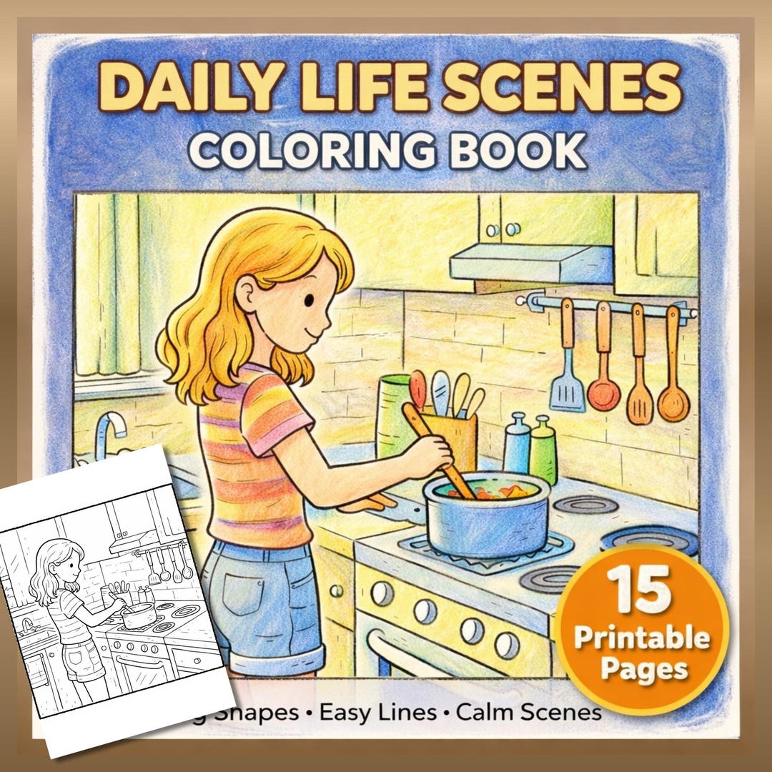 Daily Life Scenes Coloring Book | 15 Printable Pages | Easy Line Art ...