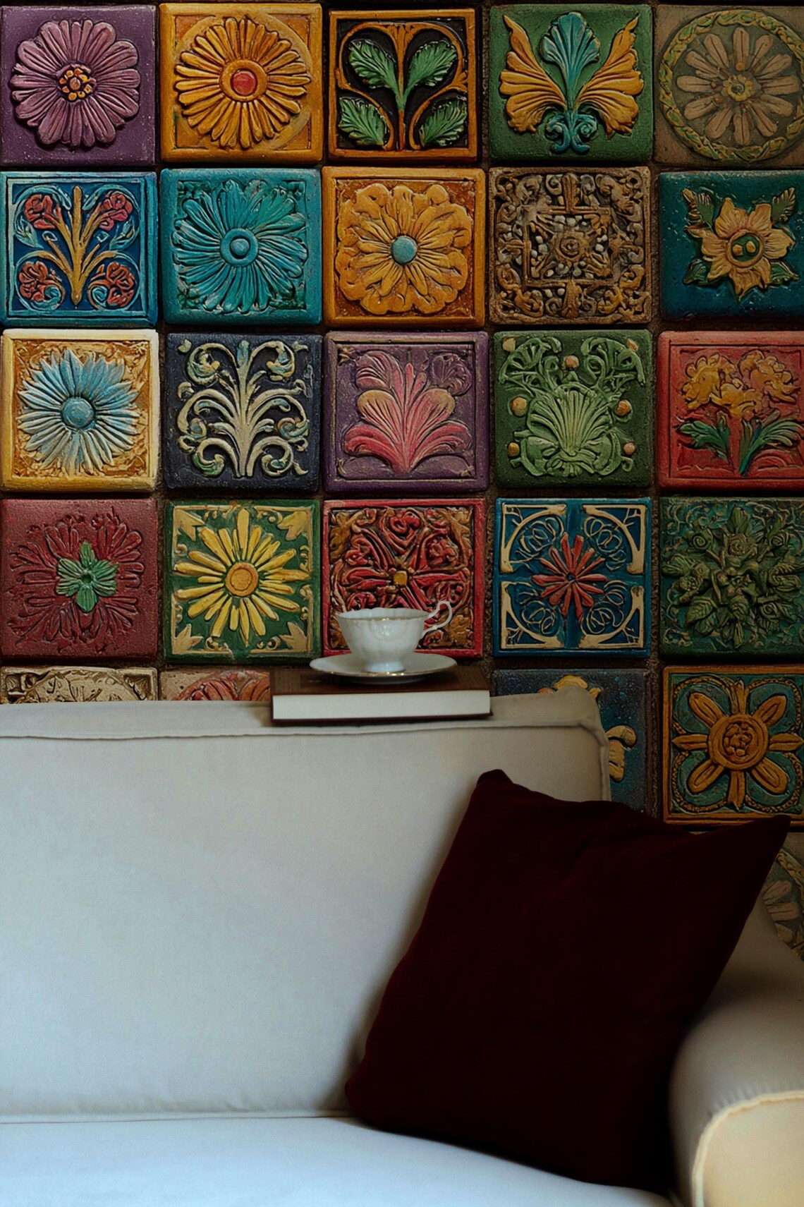Colorful Tile Wallpaper – Vintage Ceramic Pattern Wall Mural, Boho ...
