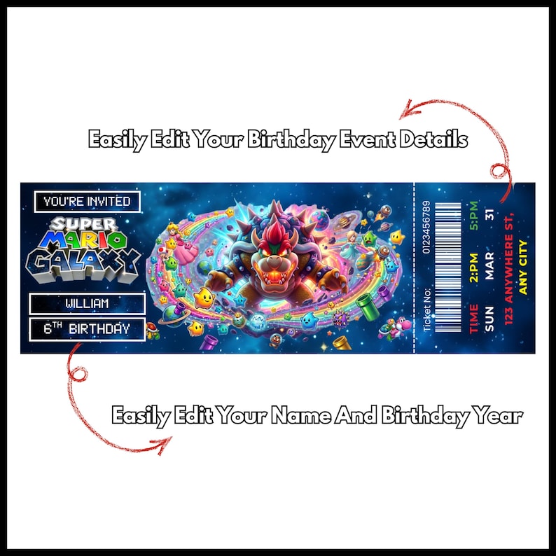 Super Mario Galaxy Movie Ticket Template | Birthday Party Invite ...