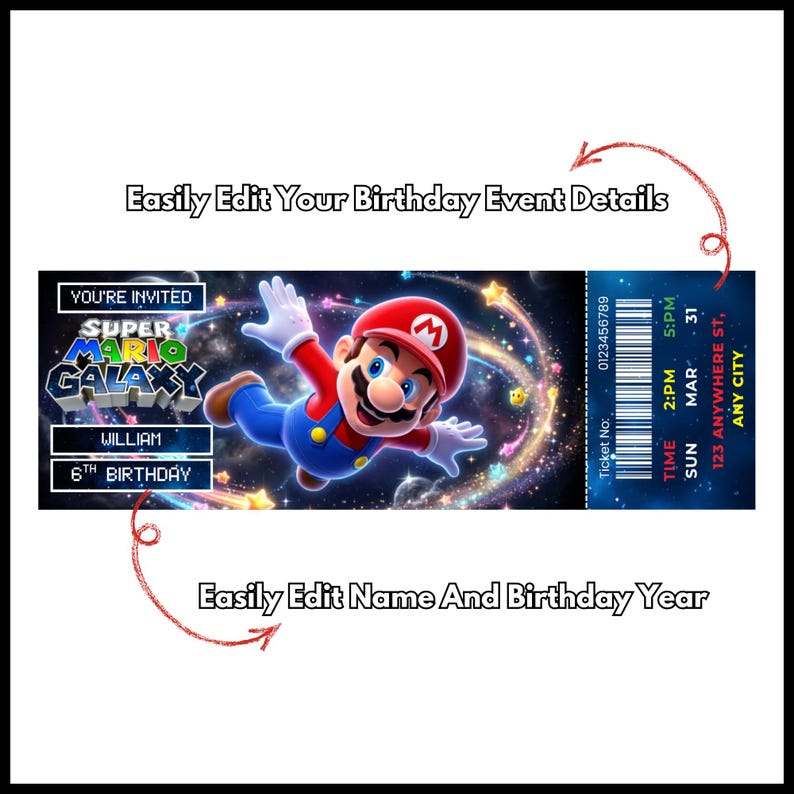Super Mario Galaxy Movie Ticket Template | Birthday Party Invite ...