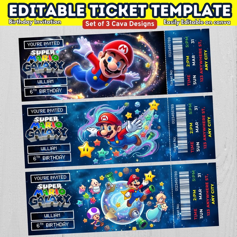 Super Mario Galaxy Movie Ticket Template | Birthday Party Invite ...