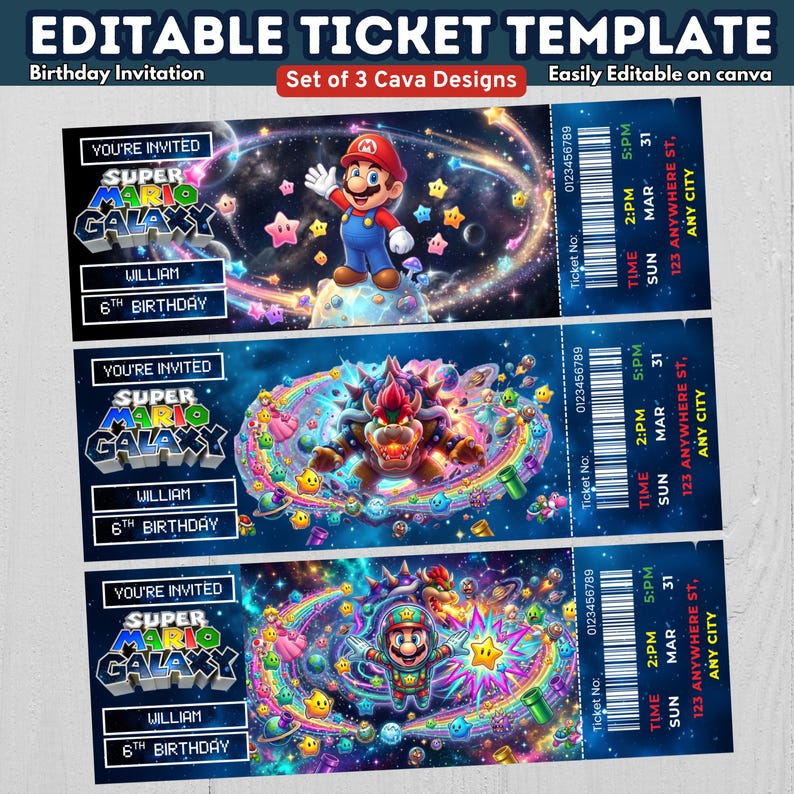 Super Mario Galaxy Movie Ticket Template | Birthday Party Invite ...