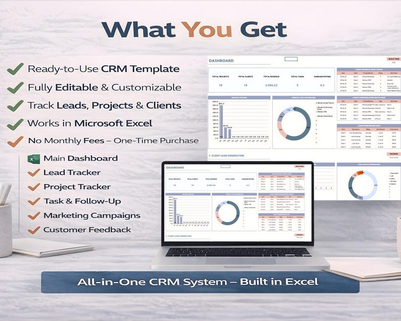 CRM Dashboard Excel Template | Client and Sales Tracker | Leads ...