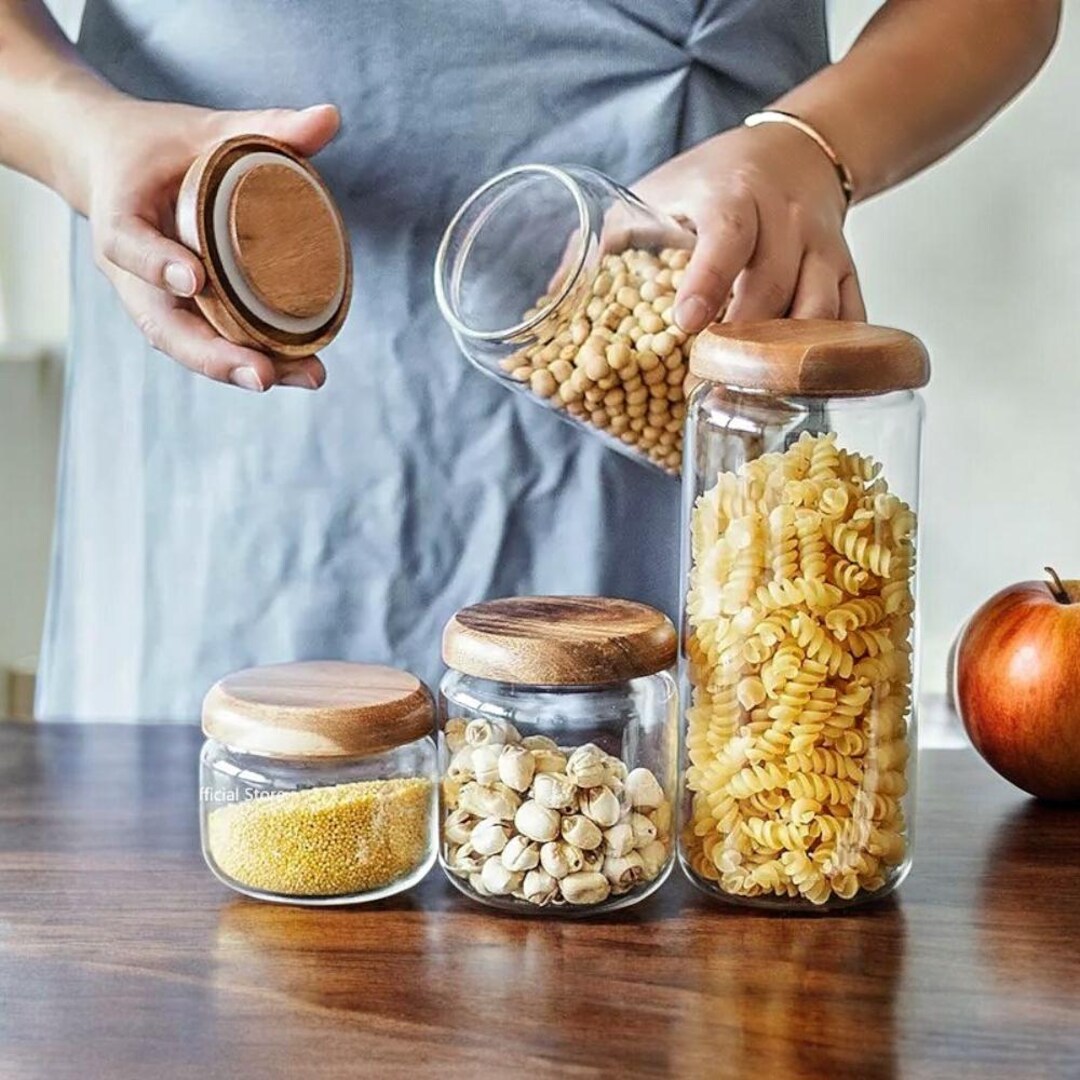Glass Storage Jar - Acacia Wood Lid, Clear Food Container, Round Tea ...