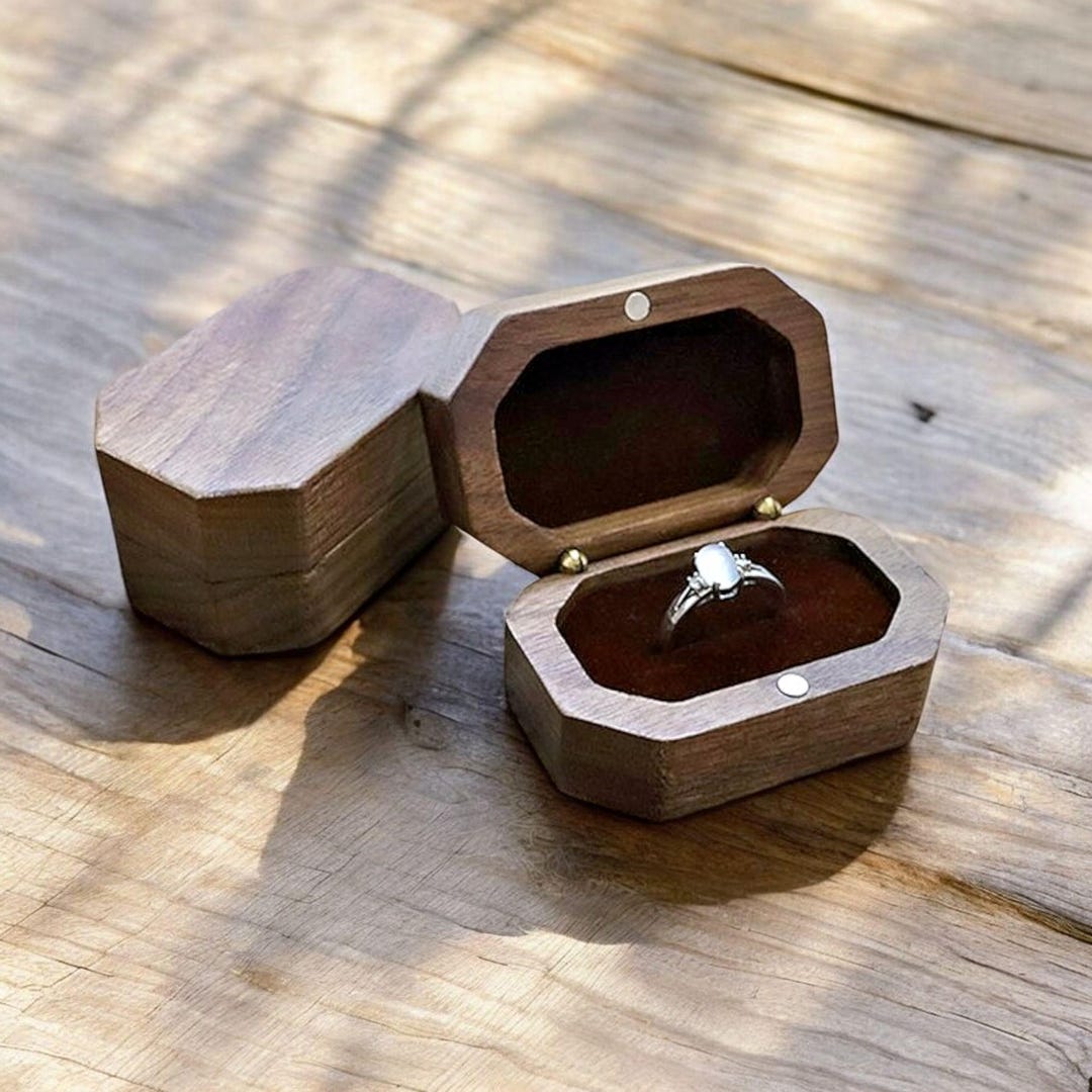 Walnut Wood Jewelry Box - Small Ring Box, Earring Storage, Wedding Ring ...