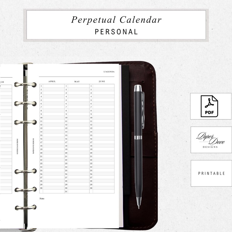 Personal Perpetual Calendar Insert | Undated, Minimal Design | (digital ...