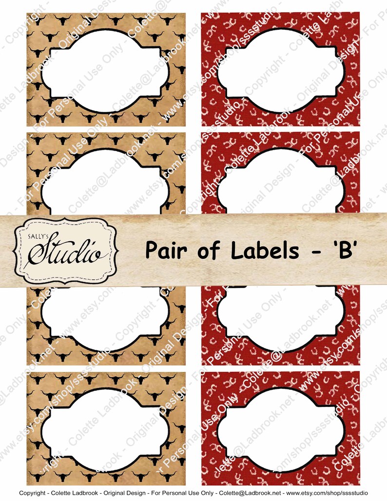 Country Western Tags Labels Digital Food Label, Red Cowboy Party Labels ...