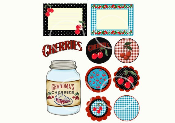 Red Cherries Digital Tag Set Round Tags Gift Tags Mason Jar - Etsy