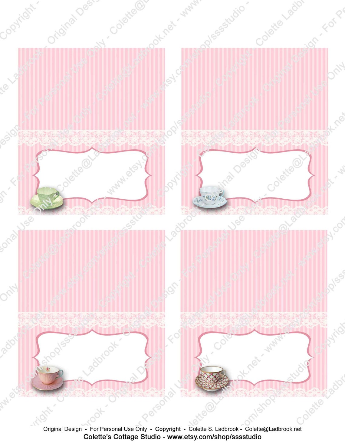 Tea Party Name Tags Digital Tent Cards Vintage Tea Cups | Etsy Ireland