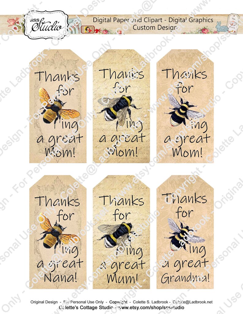 Mothers Day 'bee' Tags Digital Download Printable | Etsy