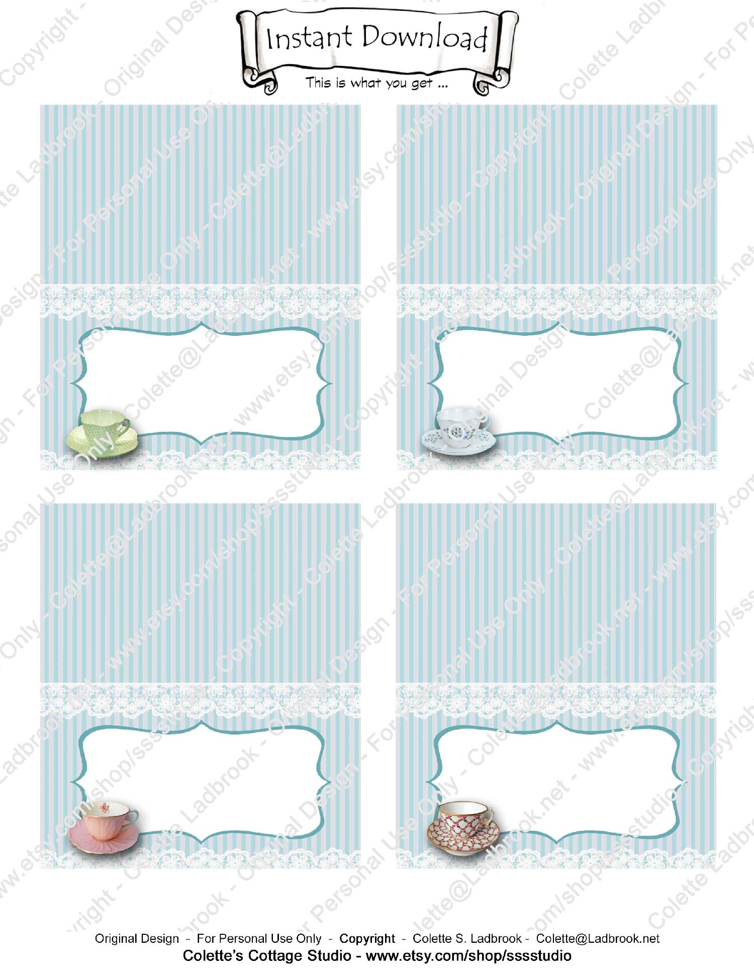 Tea Party Name Tags Digital Tent Cards, Bridal Shower Place Cards, Baby ...