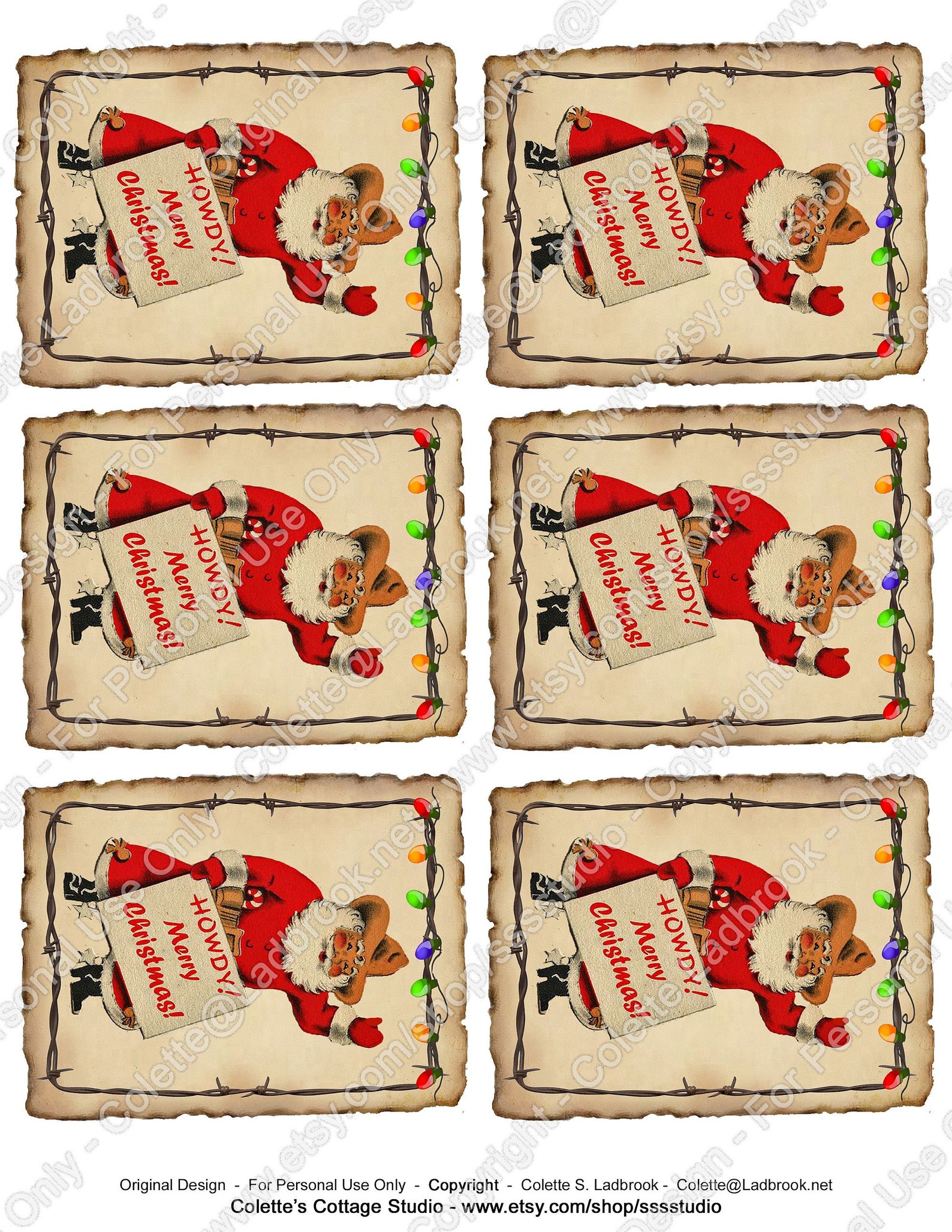 Cowboy Western Santa Gift Tags, Digital Stickers, Print Cards, Western ...